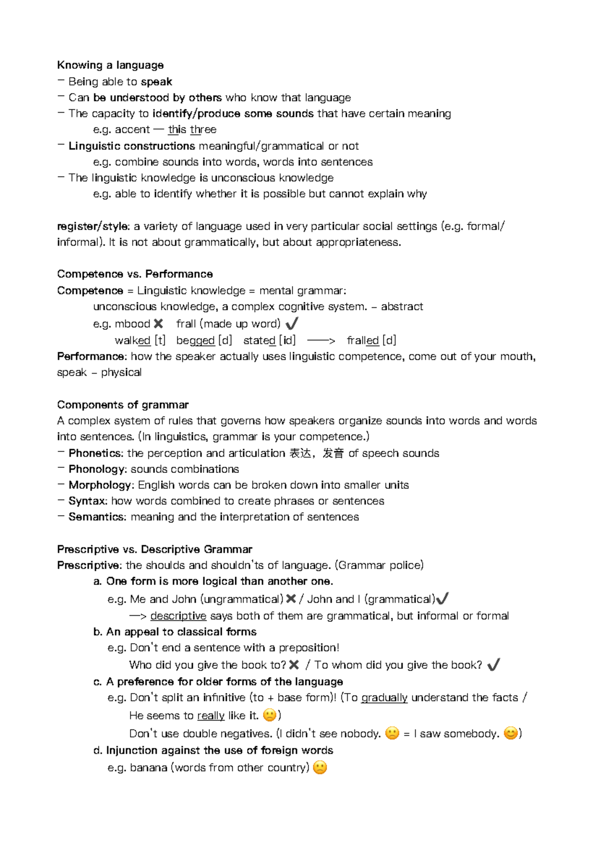 LINA01 lecture notes week 1-12 - Knowing a language Being able to speak ...