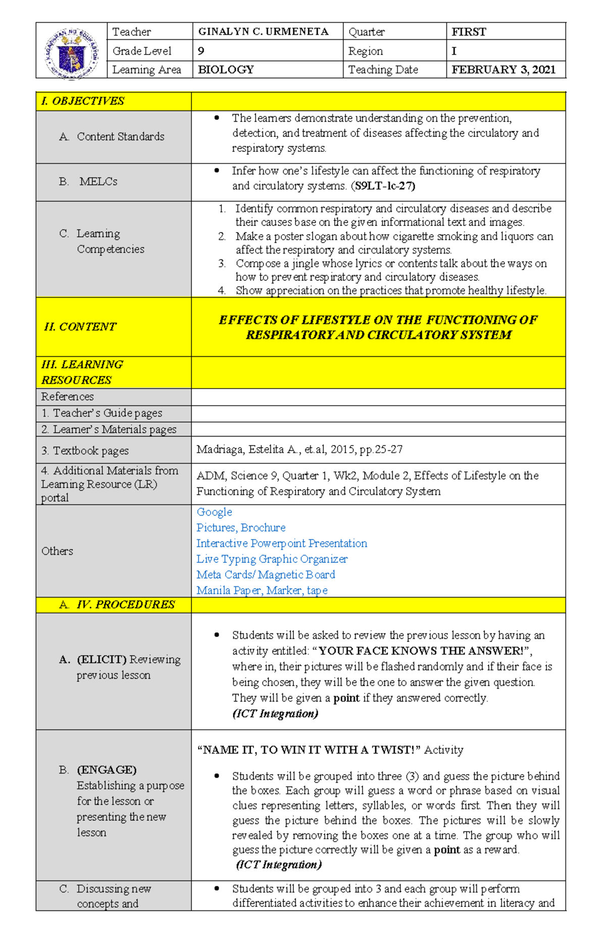 Biology Lesson Plan: Effects of Lifestyle on Circulatory & Respiratory ...