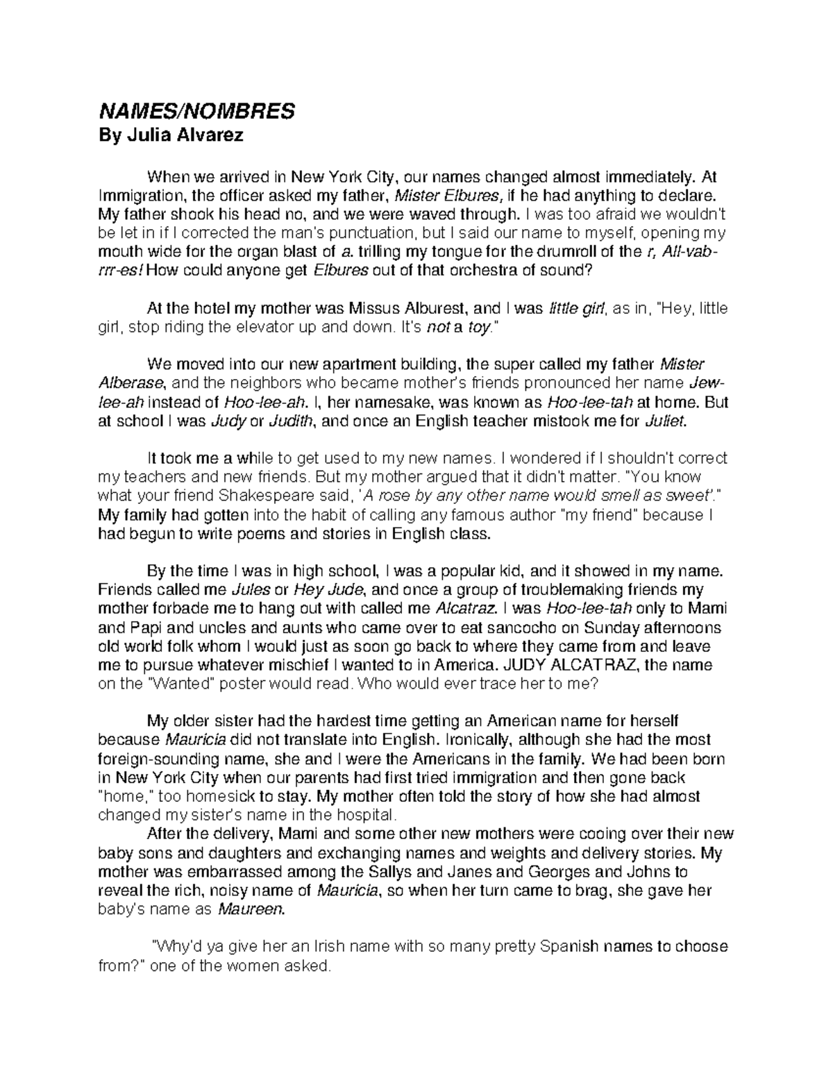 Cultural Identity and Personal Names in "Names/Nombres" by J. Alvarez ...