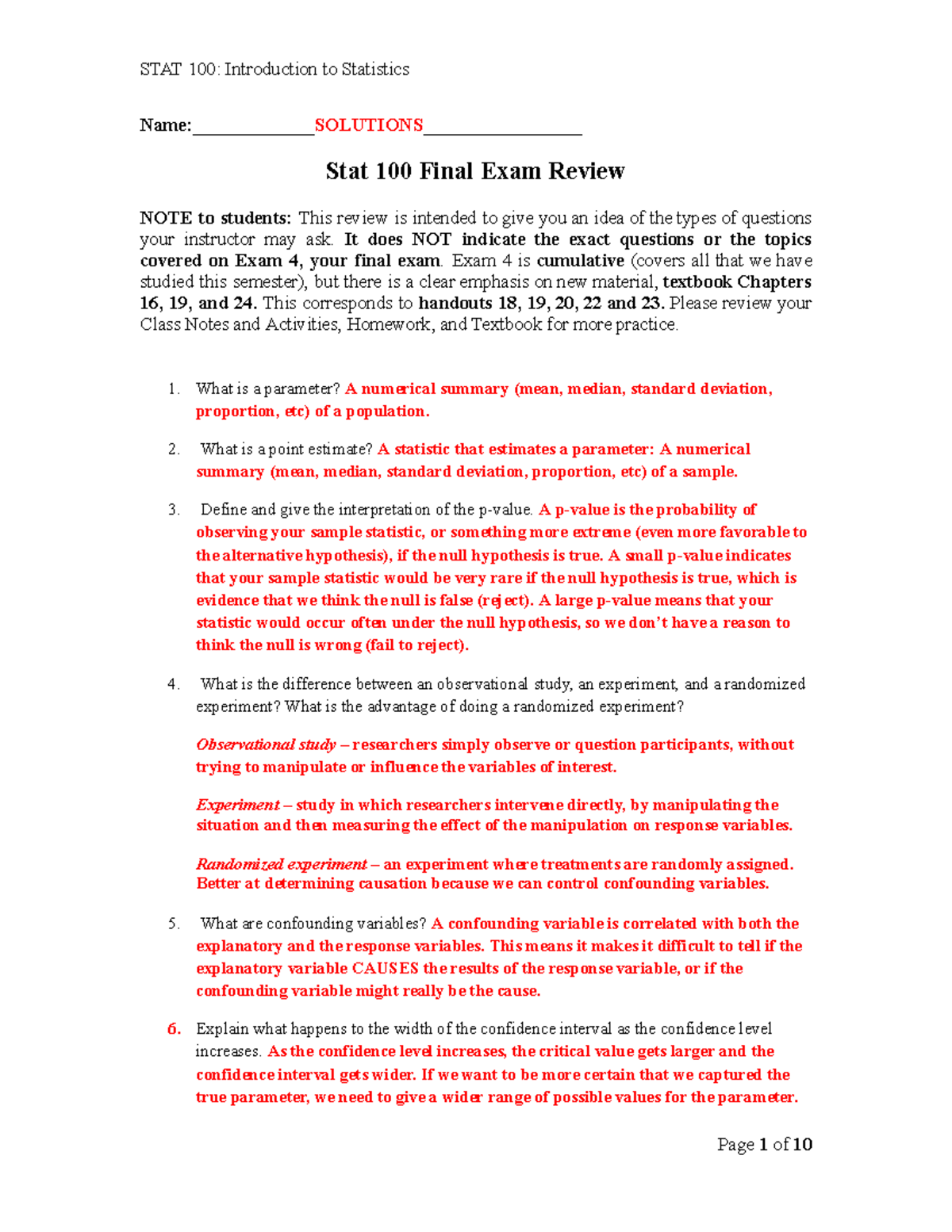 STAT 100 Final Exam Review - Solutions and Key Concepts - Name ...