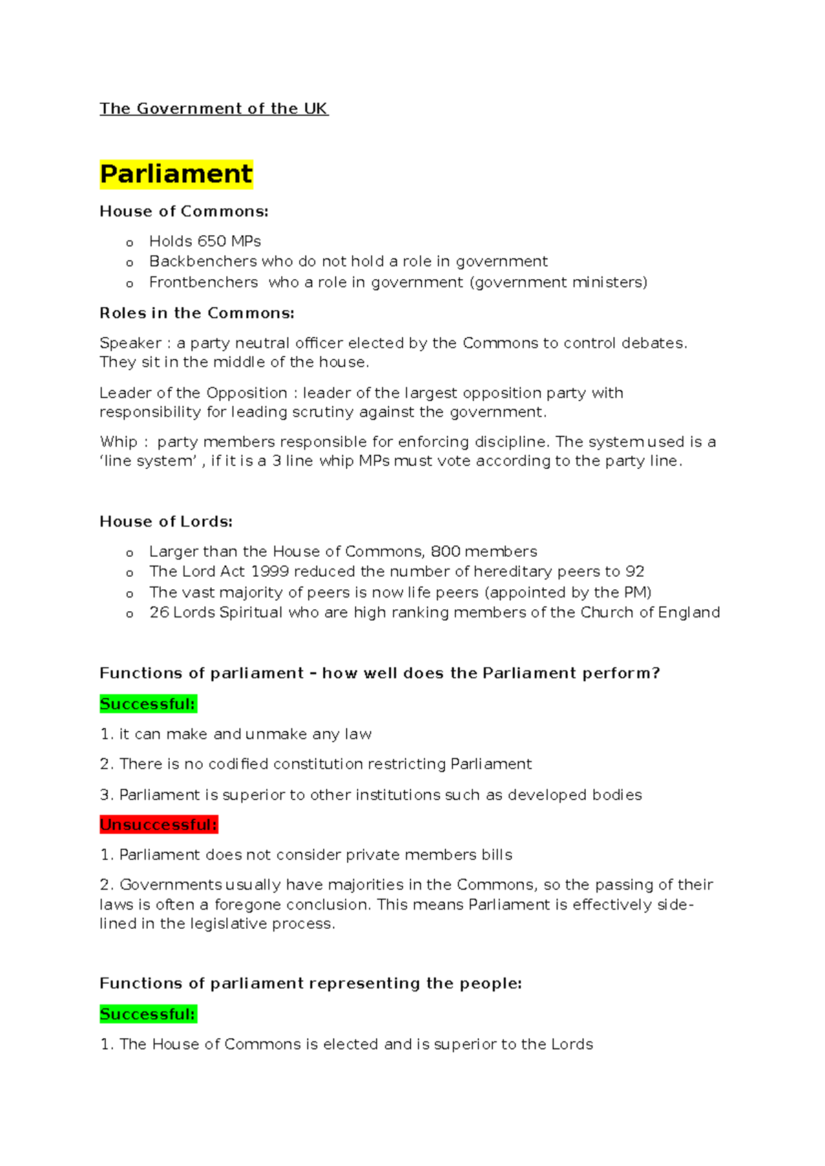 Politics A Level Revision Notes: UK Parliament Structure & Functions ...