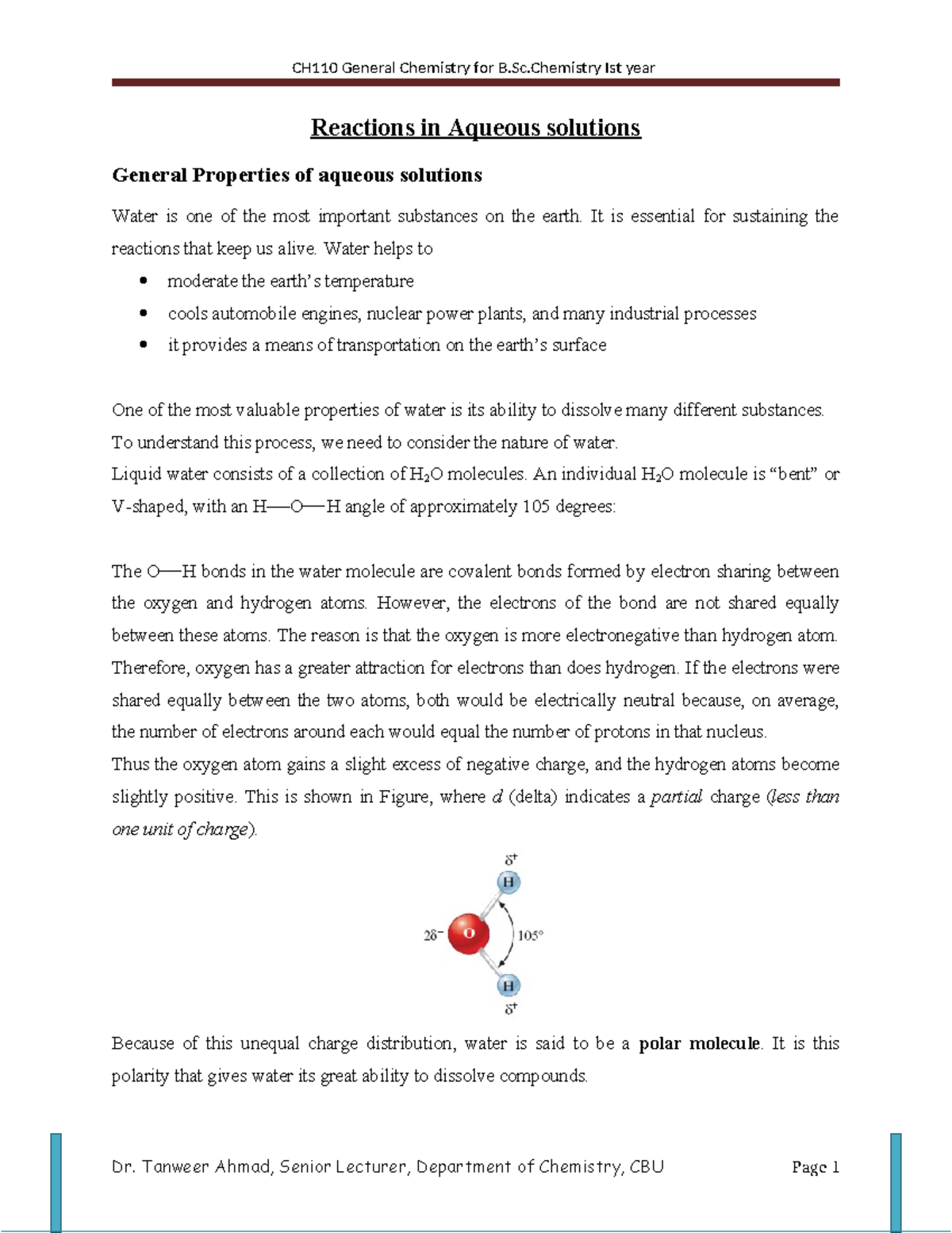 CH110 General Chemistry: Aqueous Solutions and Their Properties - Studocu