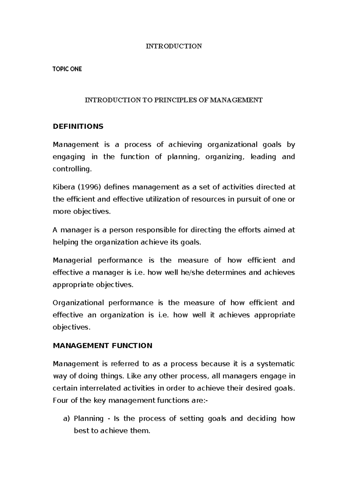 WEEK ONE - Comprehensive Lecture Notes on Principles of Management (MGT ...