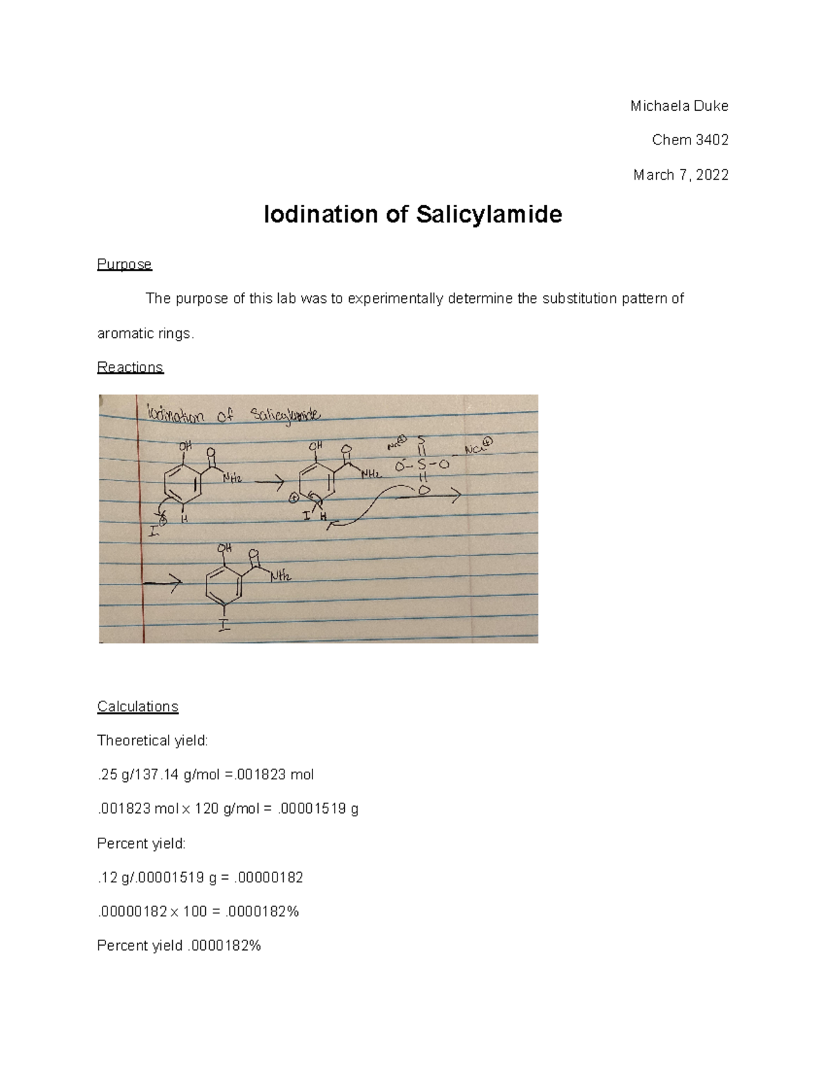 Chem 3402 Lab: Iodination of Salicylamide Experiment Details - Studocu