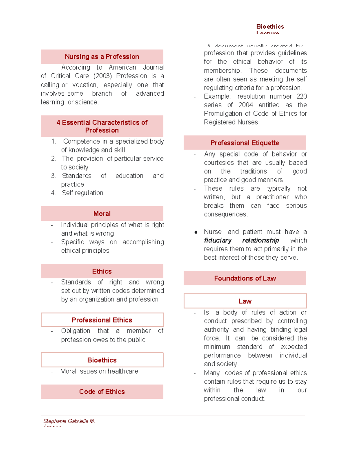 Module 1 - Lecture on Bioethics in Nursing Profession - Studocu