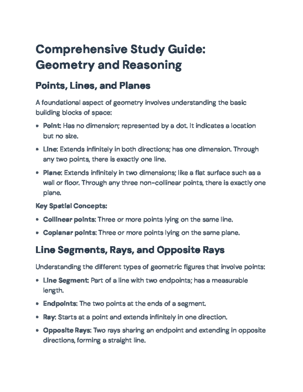 Comprehensive Study Guide: Geometry & Reasoning (Points, Lines, Planes ...