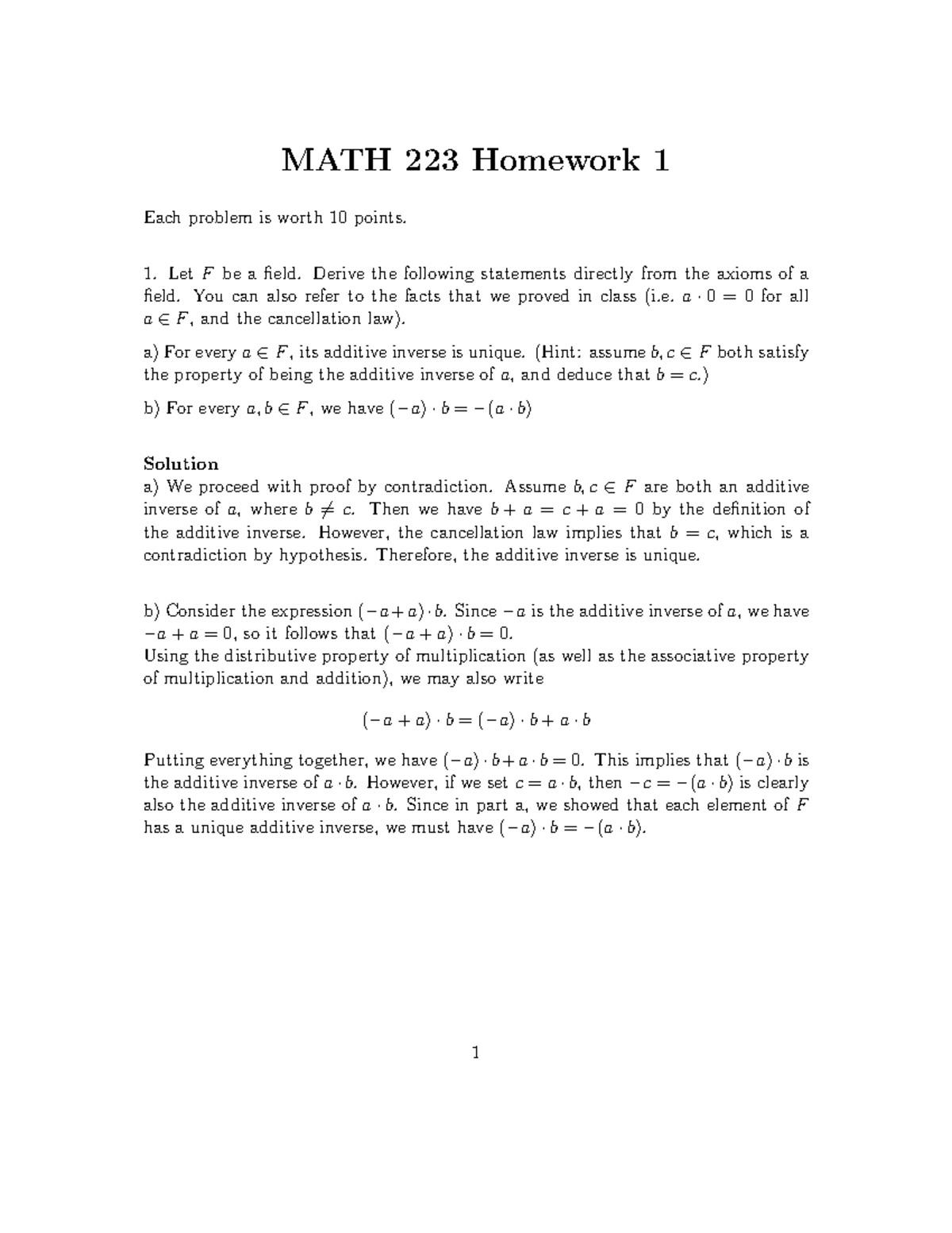 MATH 223 Homework 1: Field Axioms and Congruences Analysis - Studocu