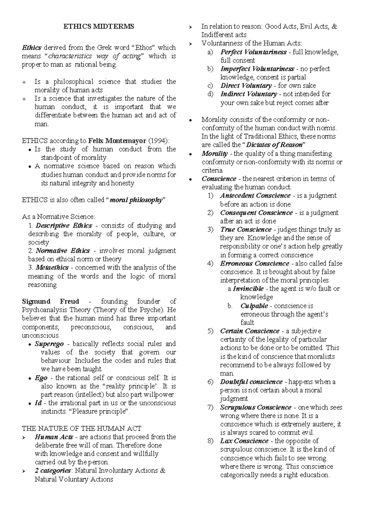 Ethics - Midterm Lecture Notes (Course Code: ETH101) - Studocu