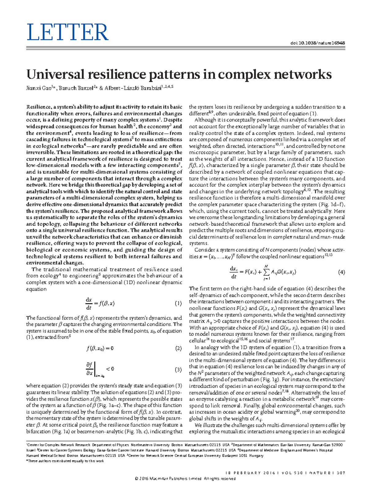 Gao et al. 2016: Universal Resilience Patterns in Complex Networks ...