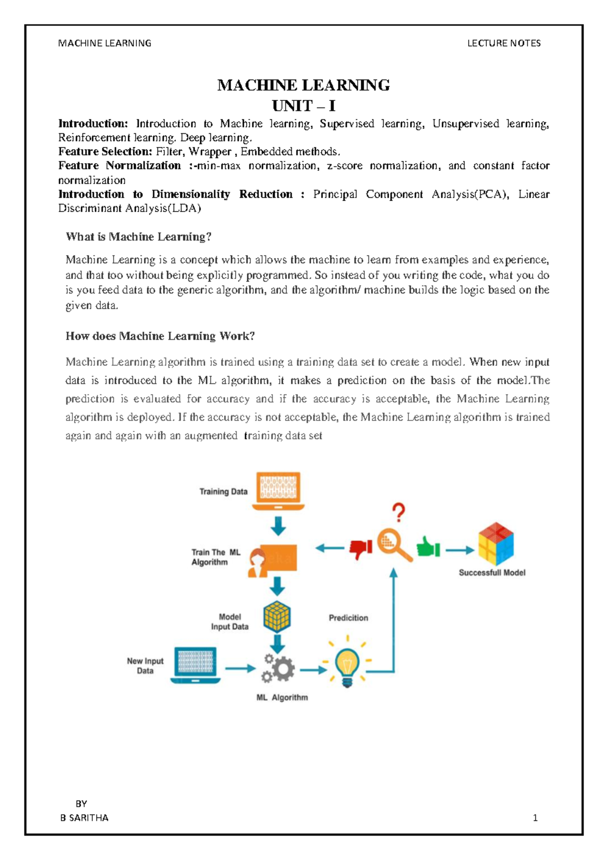 ML-UNIT-1 Lecture Notes: Introduction to Machine Learning Concepts ...