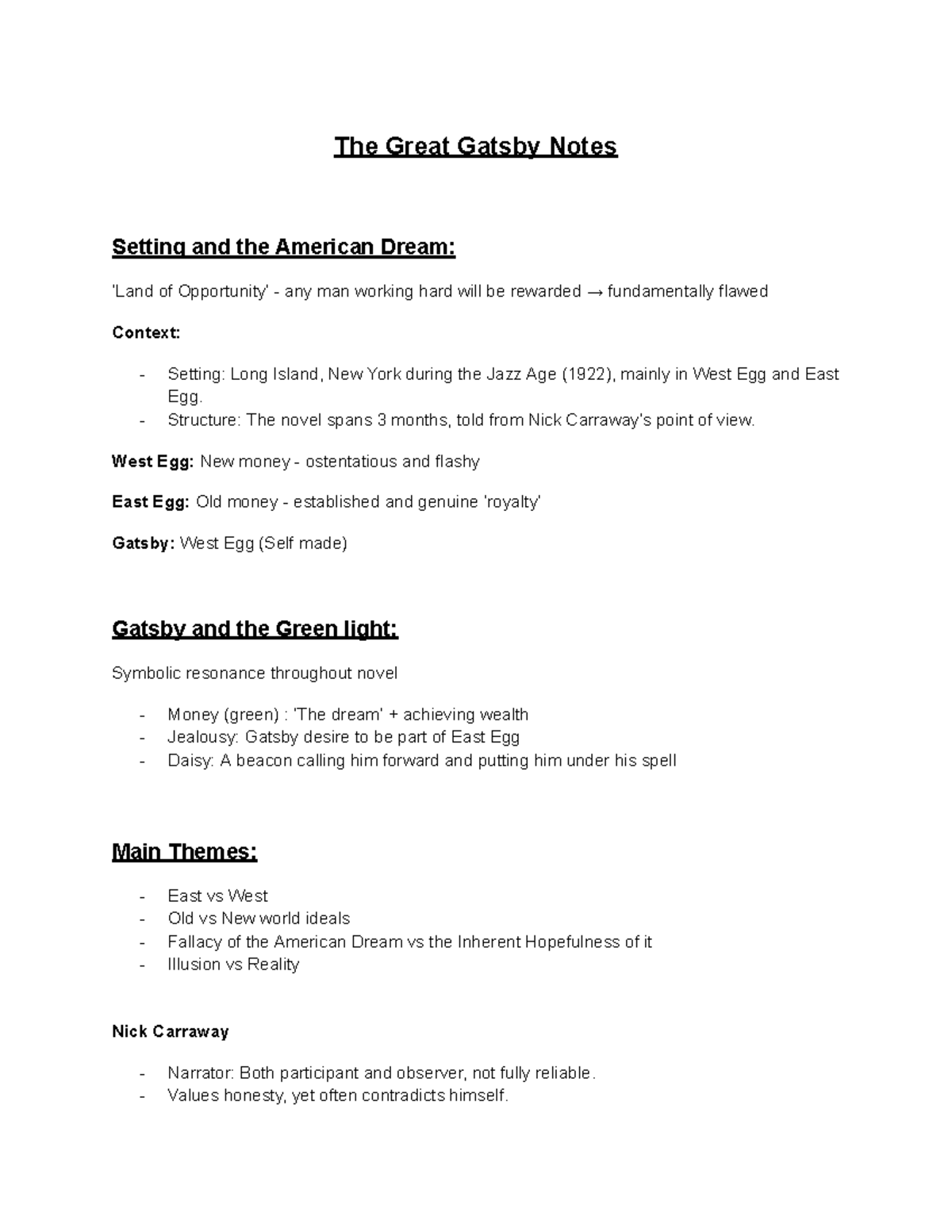 The Great Gatsby (ENG 101) Final Exam Study Notes - Studocu