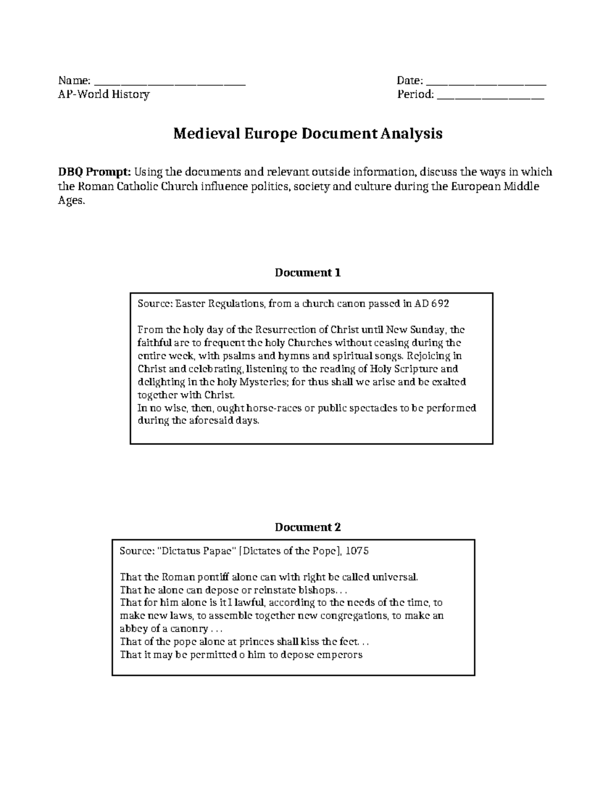 Medieval Europe DBQ: The Influence of the Catholic Church on Society ...