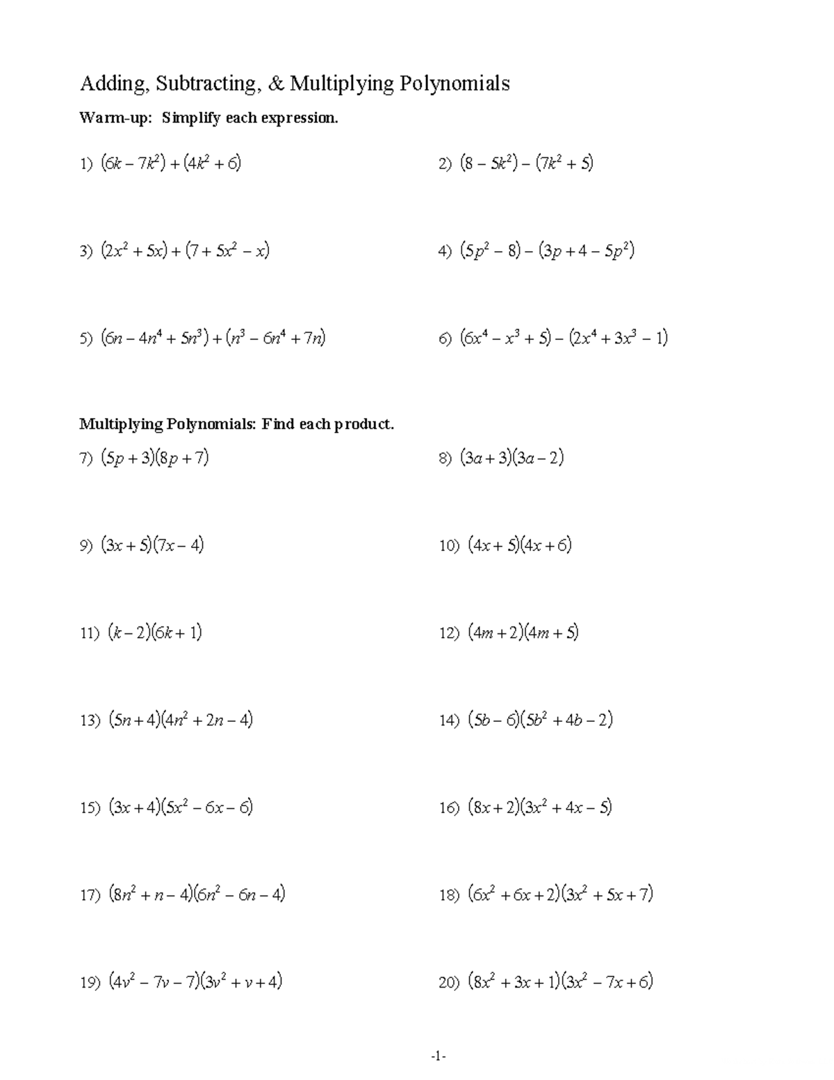 Adding, Subtracting, and Multiplying Polynomials Practice Worksheet ...