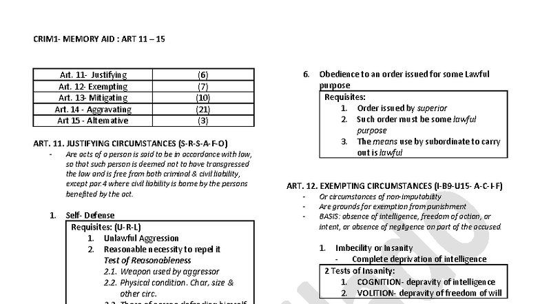 MEMORY AID: ART 11-15 Justifying, Exempting, and Mitigating ...