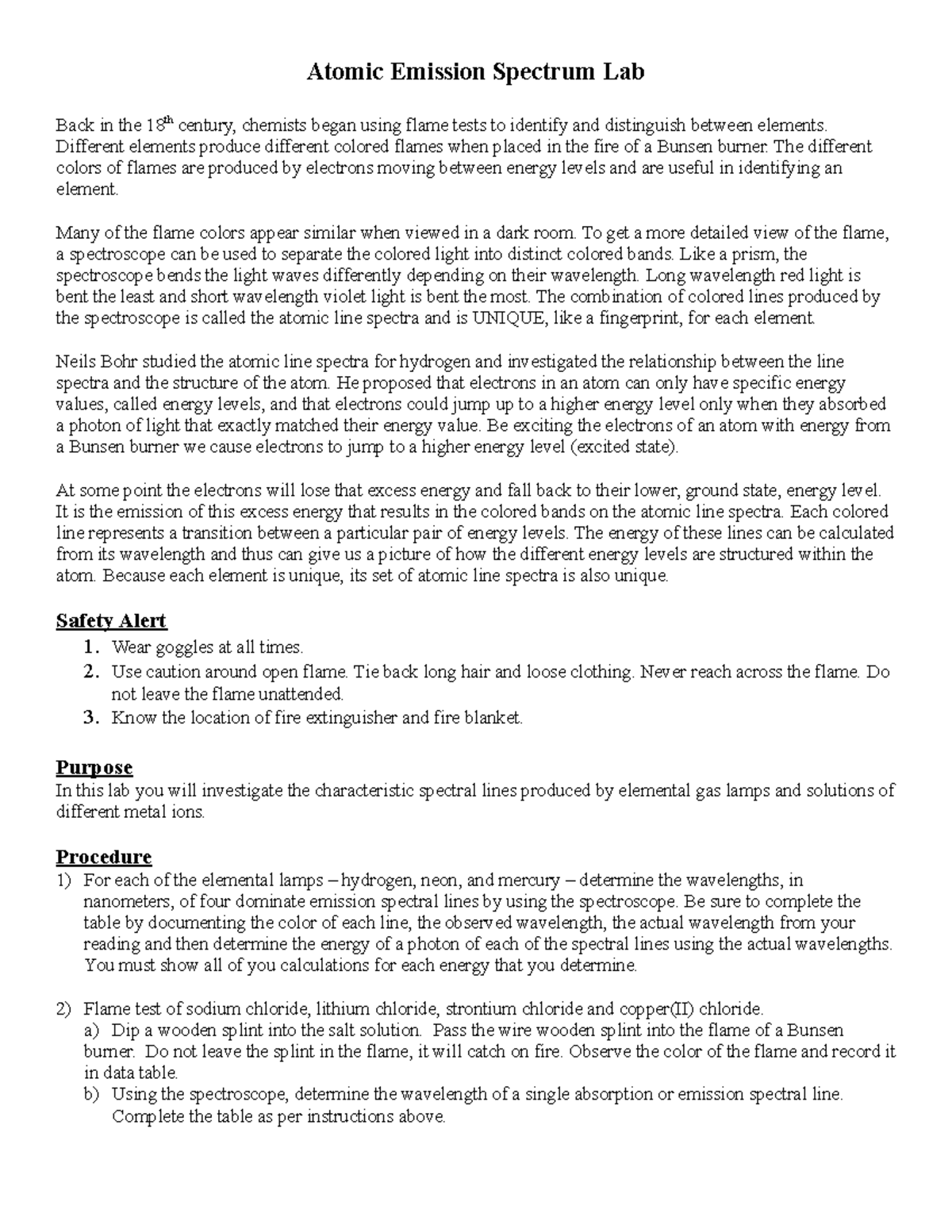Atomic Emission Spectrum Lab - Different elements produce different ...