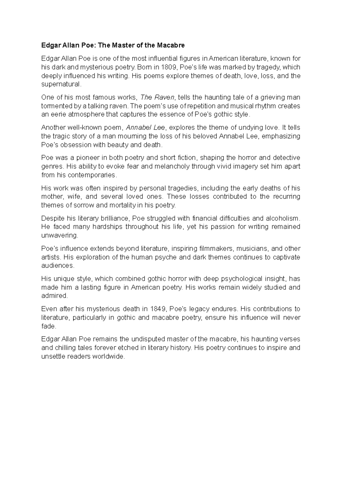 EDG 101 - Edgar Allan Poe: Master of Macabre Poetry_analysis - Studocu