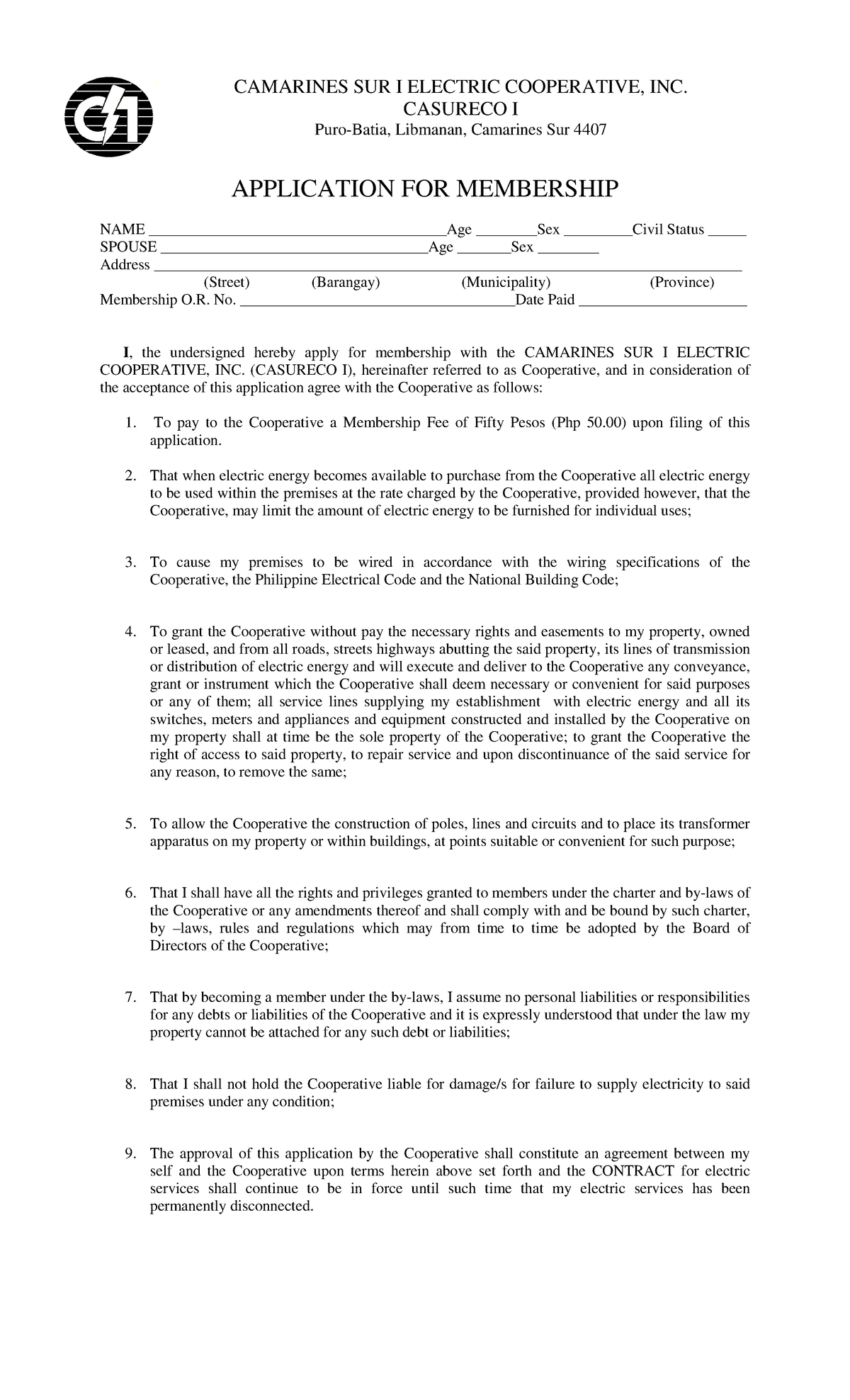 Application for Membership - CAMARINES SUR I ELECTRIC COOP (CASURECO I ...