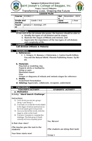 Lesson PLAN Cell structure and function - Saint Joseph College of ...
