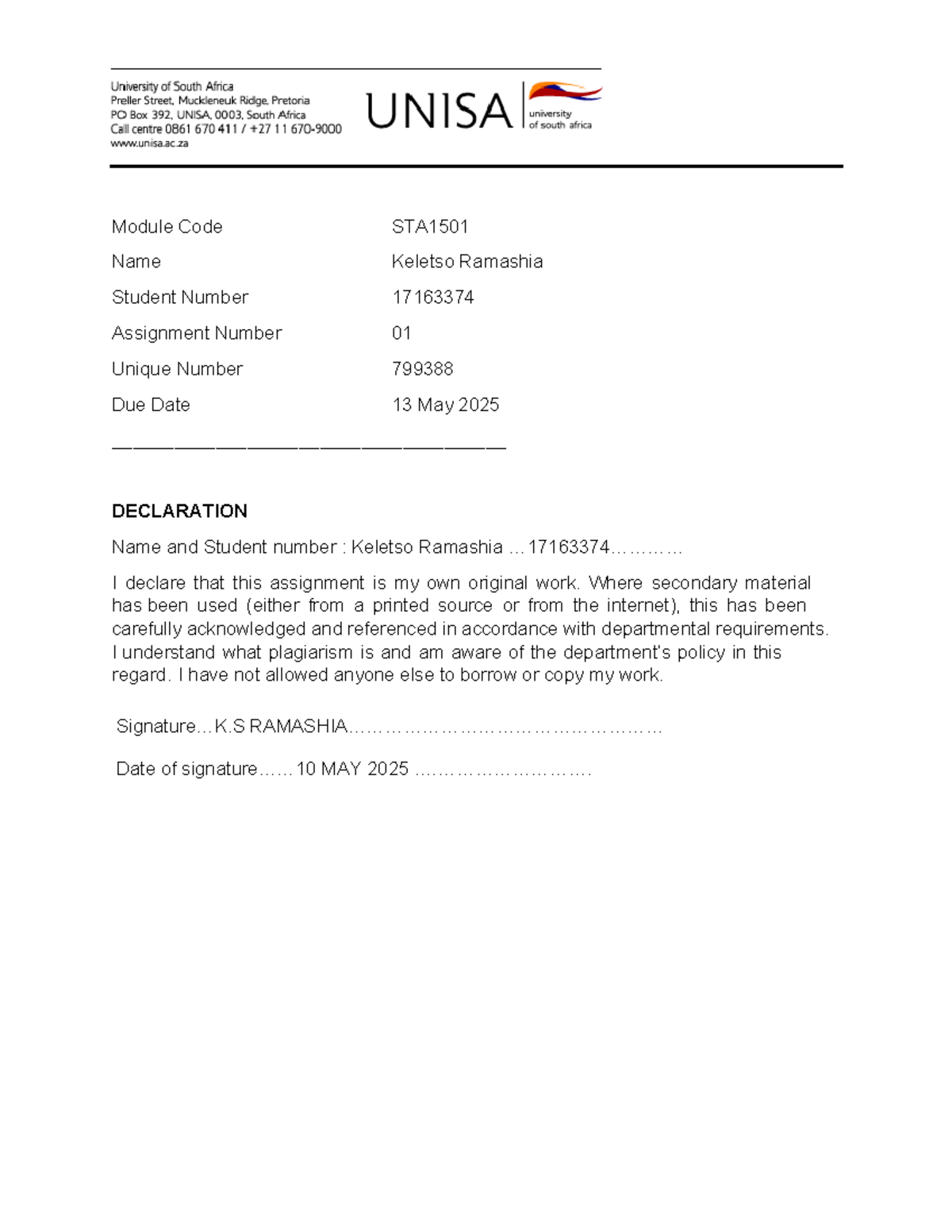 KS STA1501 Assignment 1: Statistical Analysis and Probability - Studocu