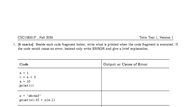 CSC108H1F Fall 2024 Term Test 1 - Code Output & Function Calls - Studocu