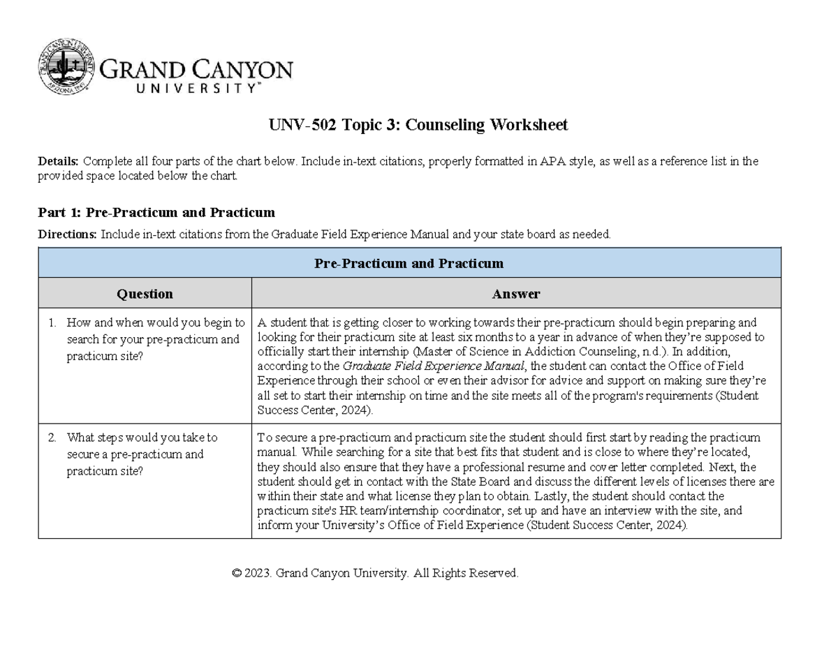 UNV-502-RS-T3 Counseling Worksheet Instructions and Requirements - Studocu