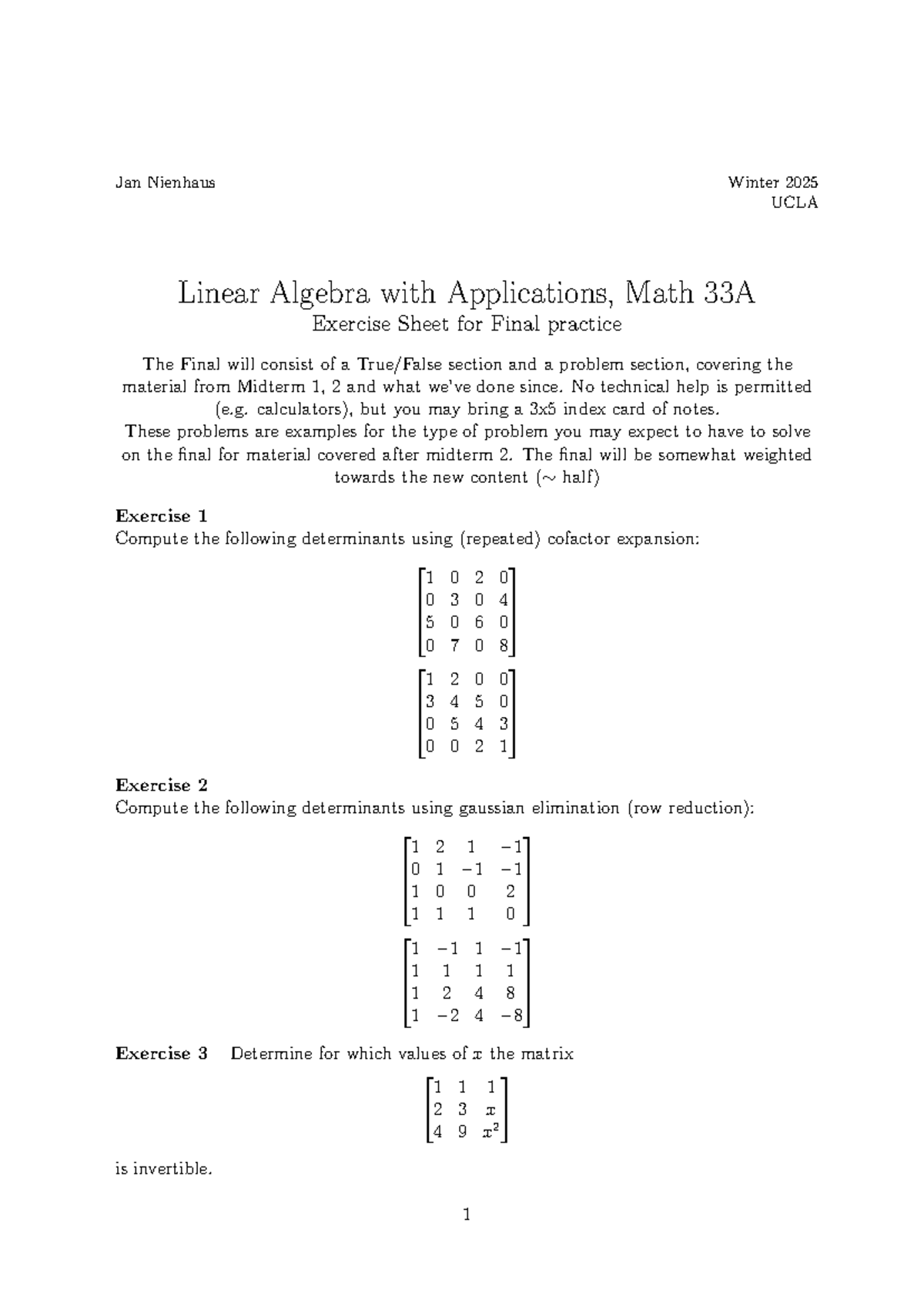 Math 33A Final Exam Practice Sheet - Linear Algebra Winter 2025 - Studocu