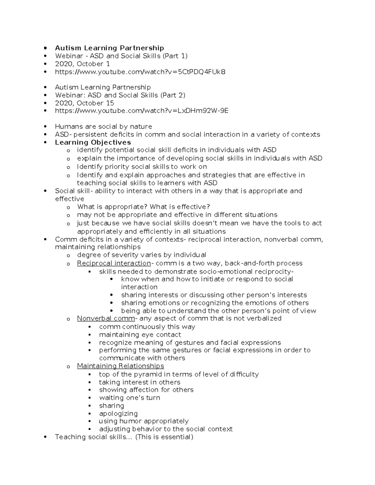 Notes on ASD & Social Skills: Insights from Autism Learning Partnership ...