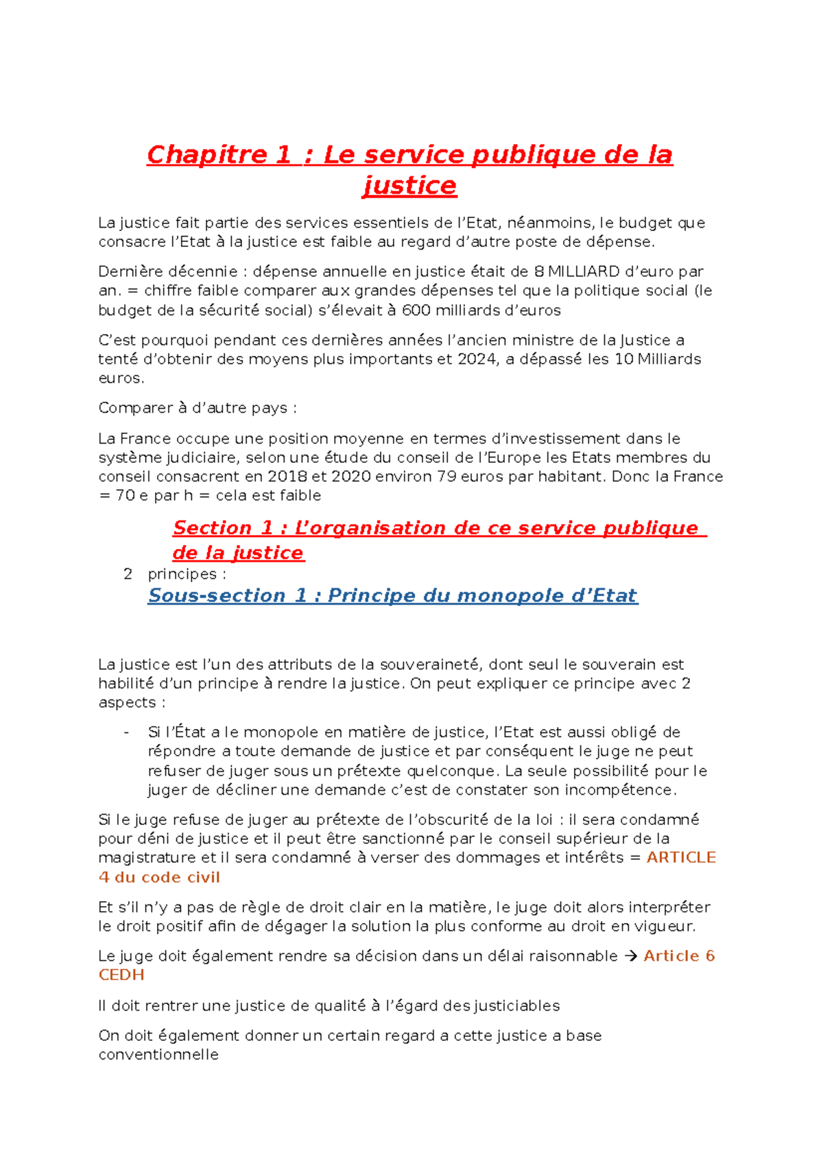 Chapitre 1 : Le Service Public de la Justice - Notes de Cours - Studocu