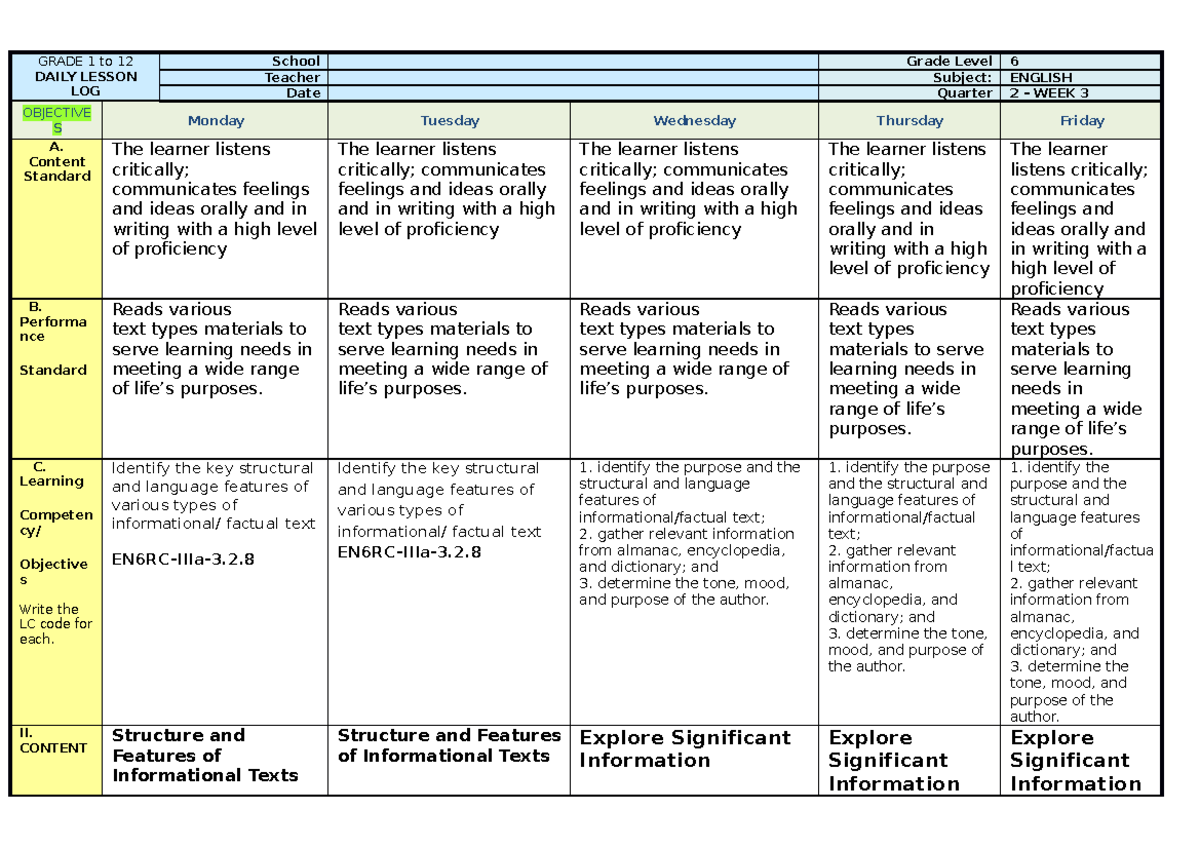 WEEK3-dll- English - Daily lesson log - GRADE 1 to 12 DAILY LESSON LOG ...