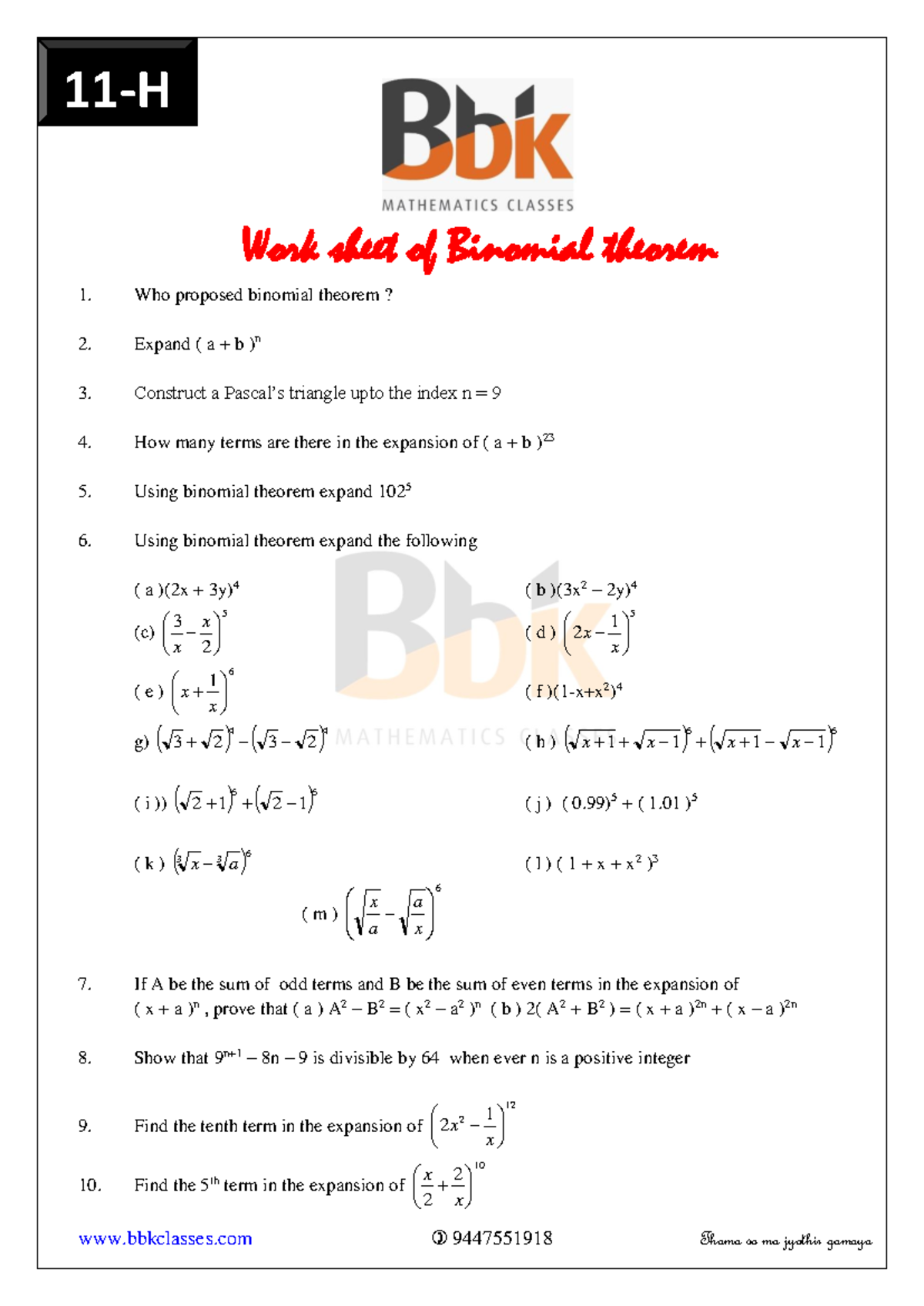11 H Worksheet Of Binomial Theorem Bbkclasses 9447551918 Thama So Ma