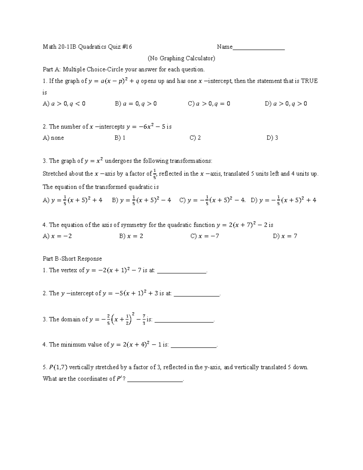 Math 20IB Quadratics Quiz (No Graphing Calc) Part A & C - Studocu