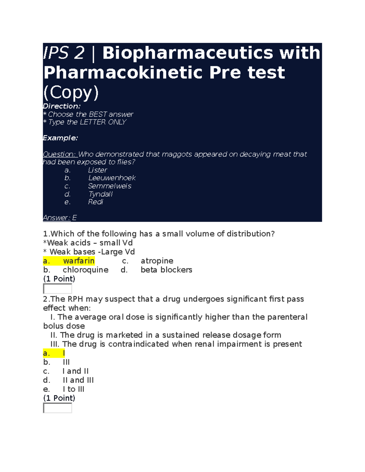 Pretest Biopharmaceutics PACOP all modules - IPS 2 | Biopharmaceutics ...