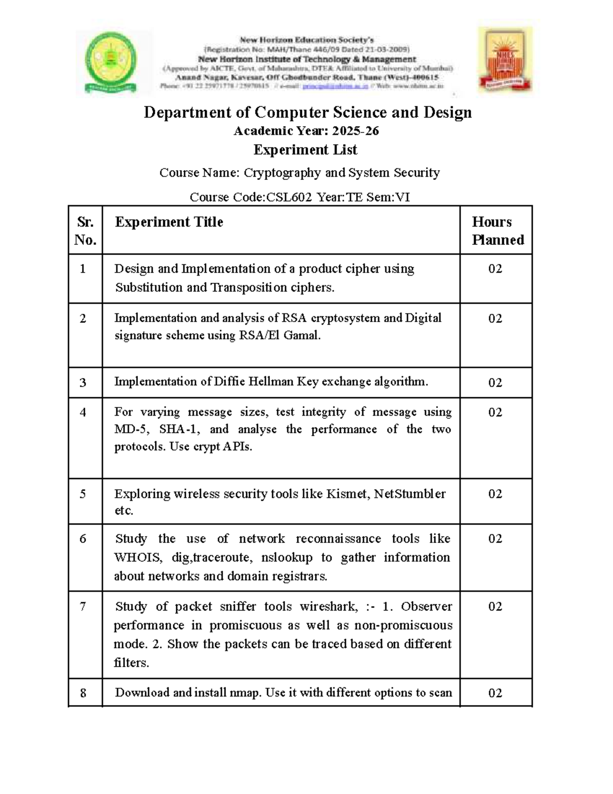 CSL602: AY2025-2026 Experiment List for Cryptography Lab - Studocu