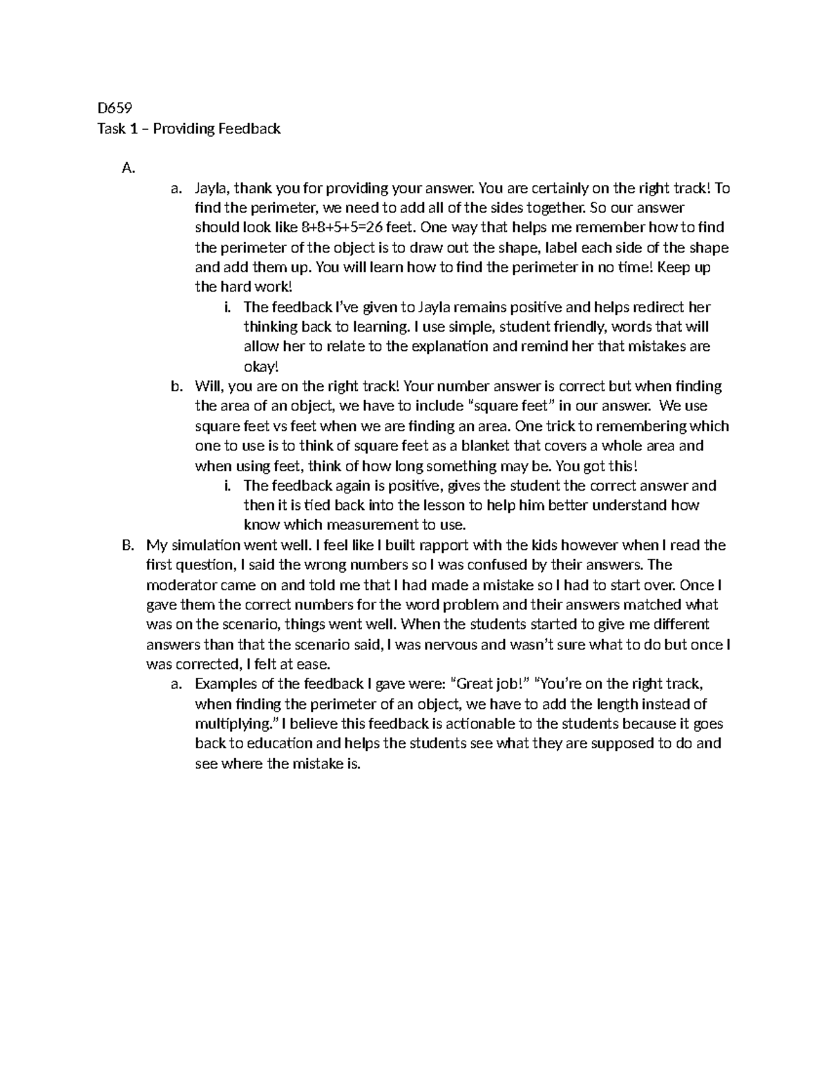 D659 Task 1: Effective Feedback Strategies for Student Learning - Studocu