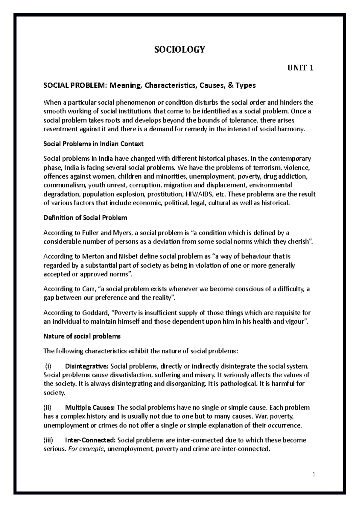 Sociology Notes: Understanding Social Problems and Their Impact - Studocu
