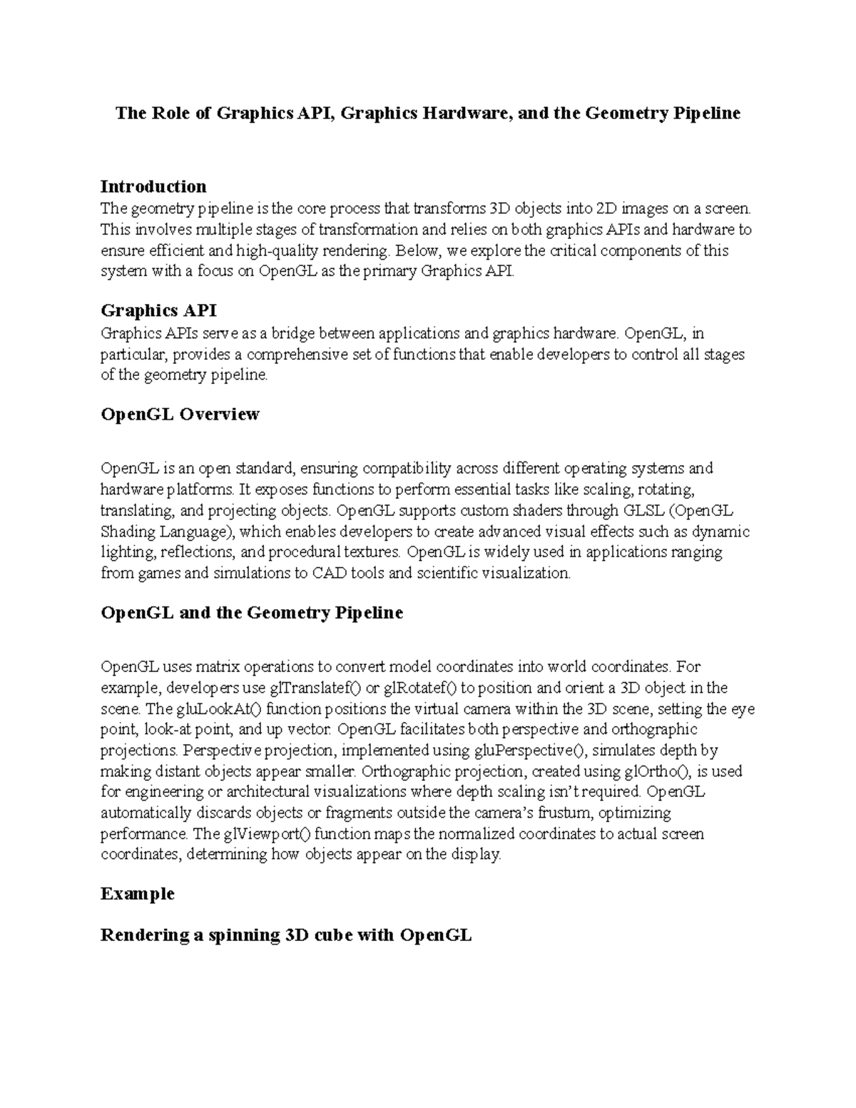 Discussion Assignment Unit 1 - The Role of Graphics API, Graphics Hardware, and the Geometry ...