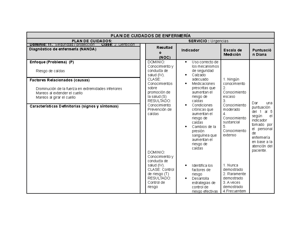 Plan De Cuidados De Enfermería Riesgo De Caídas Nanda Nic Noc