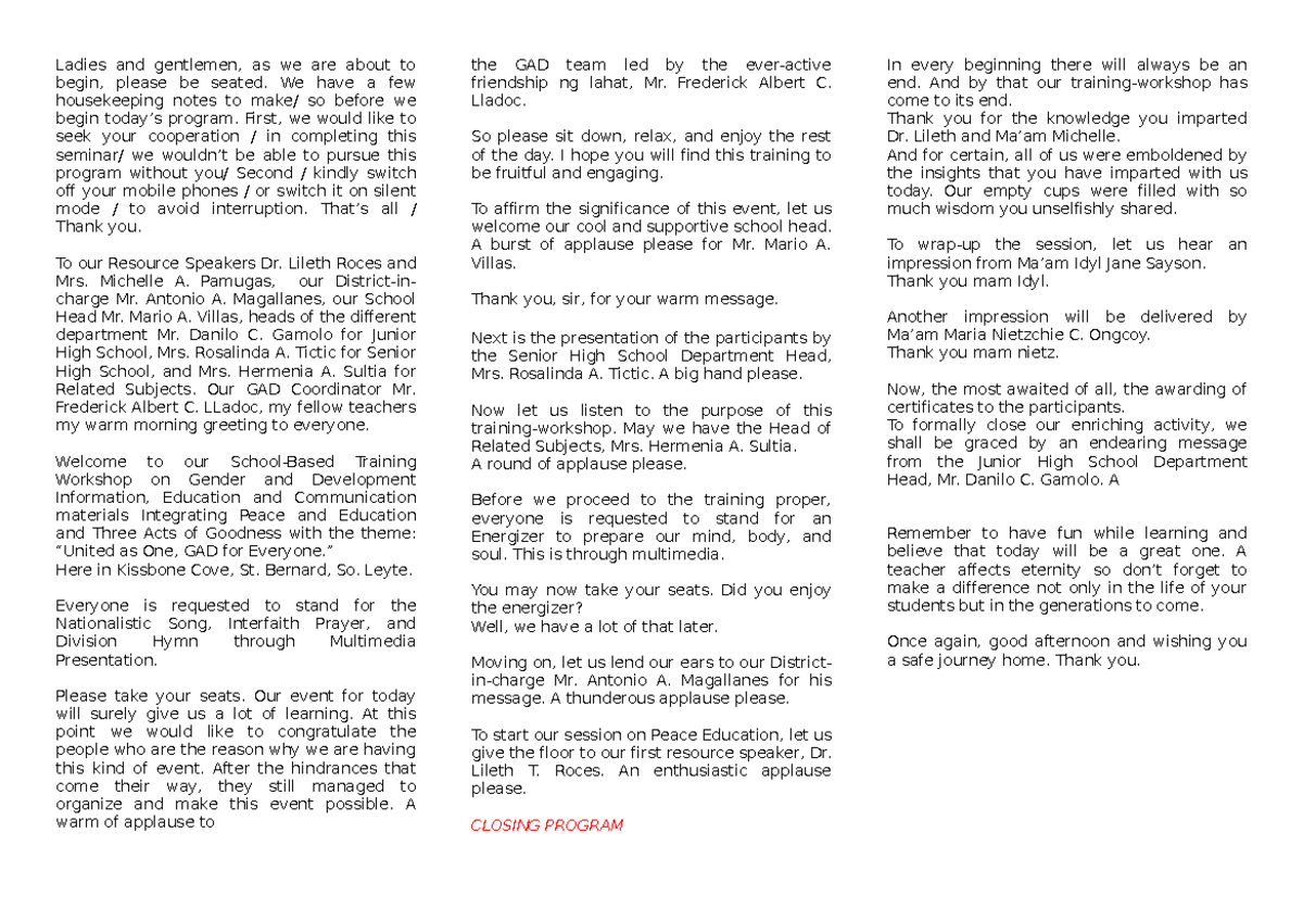 GAD Training Workshop Script: "United as One, GAD for Everyone" - Studocu