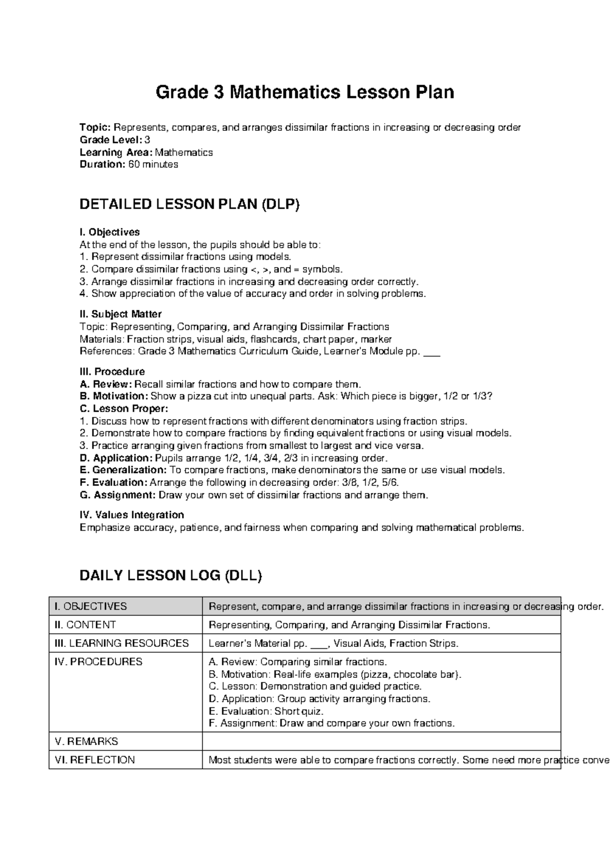 Grade 3 Math DLP: Representing & Comparing Dissimilar Fractions - Studocu