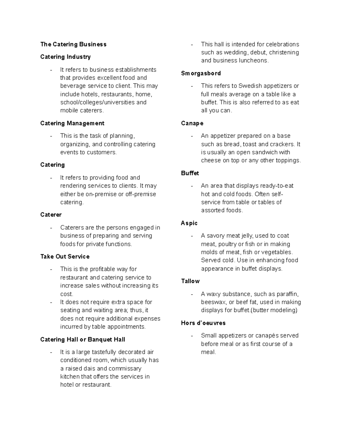 Catering and Banquet Management Study Guide: Key Concepts and Terms ...