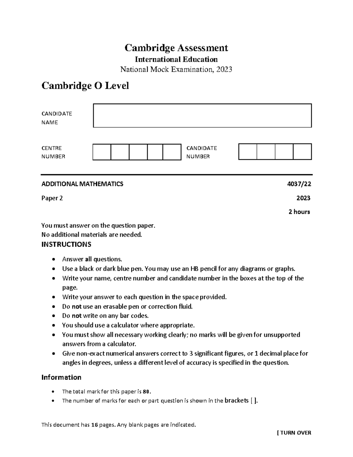 ADD Maths Paper 2 Mock Exam 2023 - Cambridge O Level - Studocu