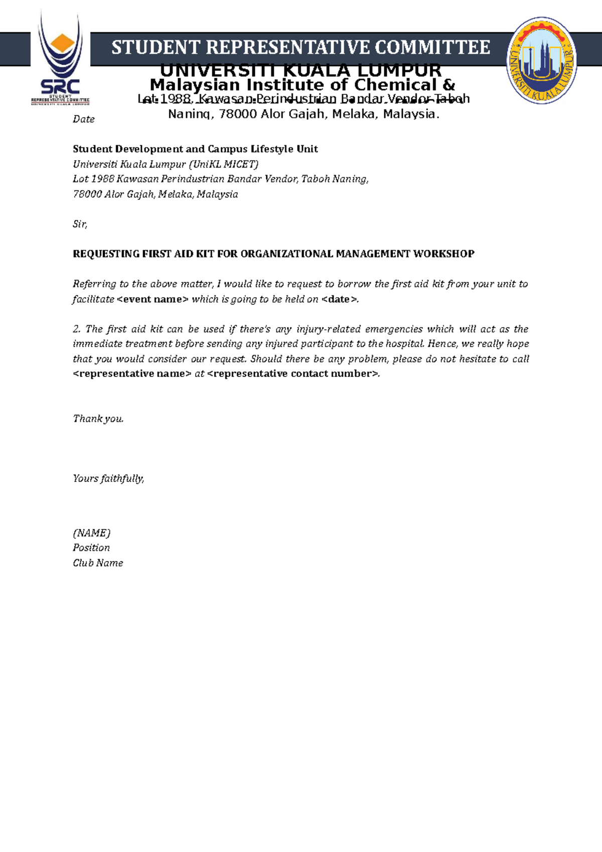 First Aid Kit Request Letter - Example - Date Student Development and ...