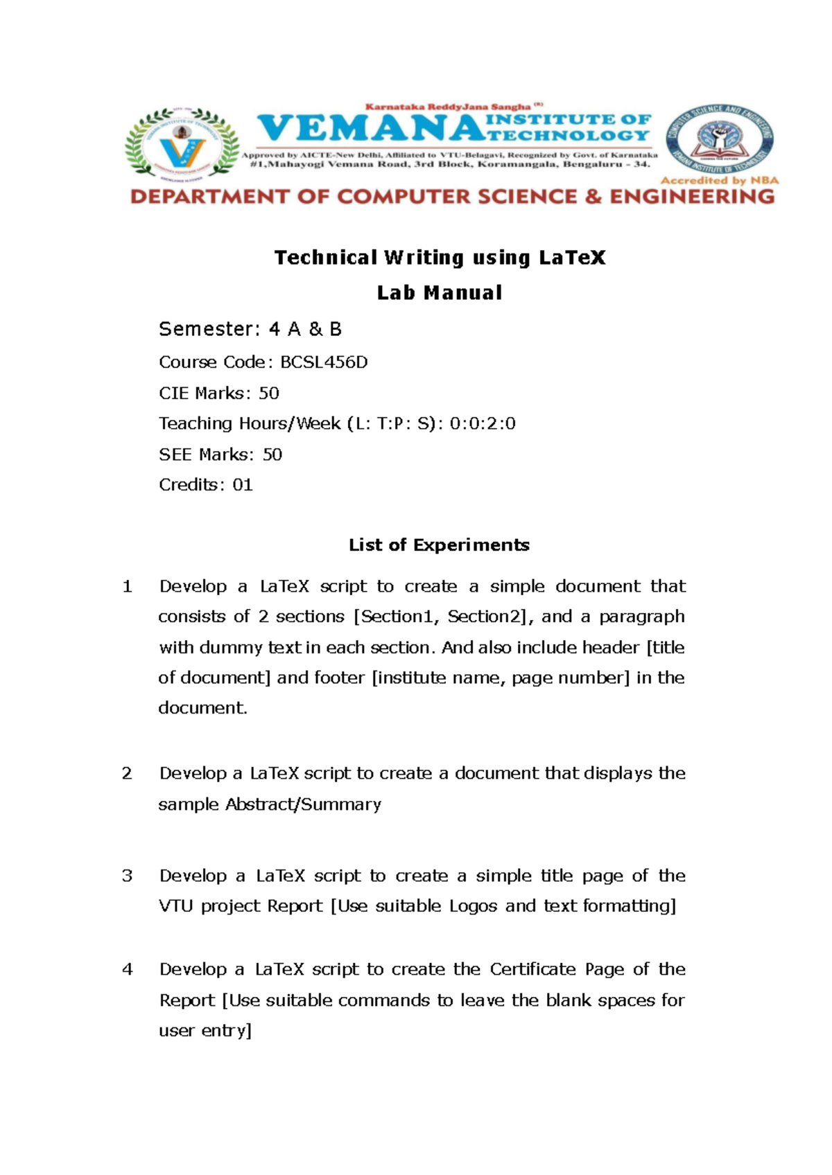 BCSL456D Lab Manual: Technical Writing with LaTeX Exercises - Studocu