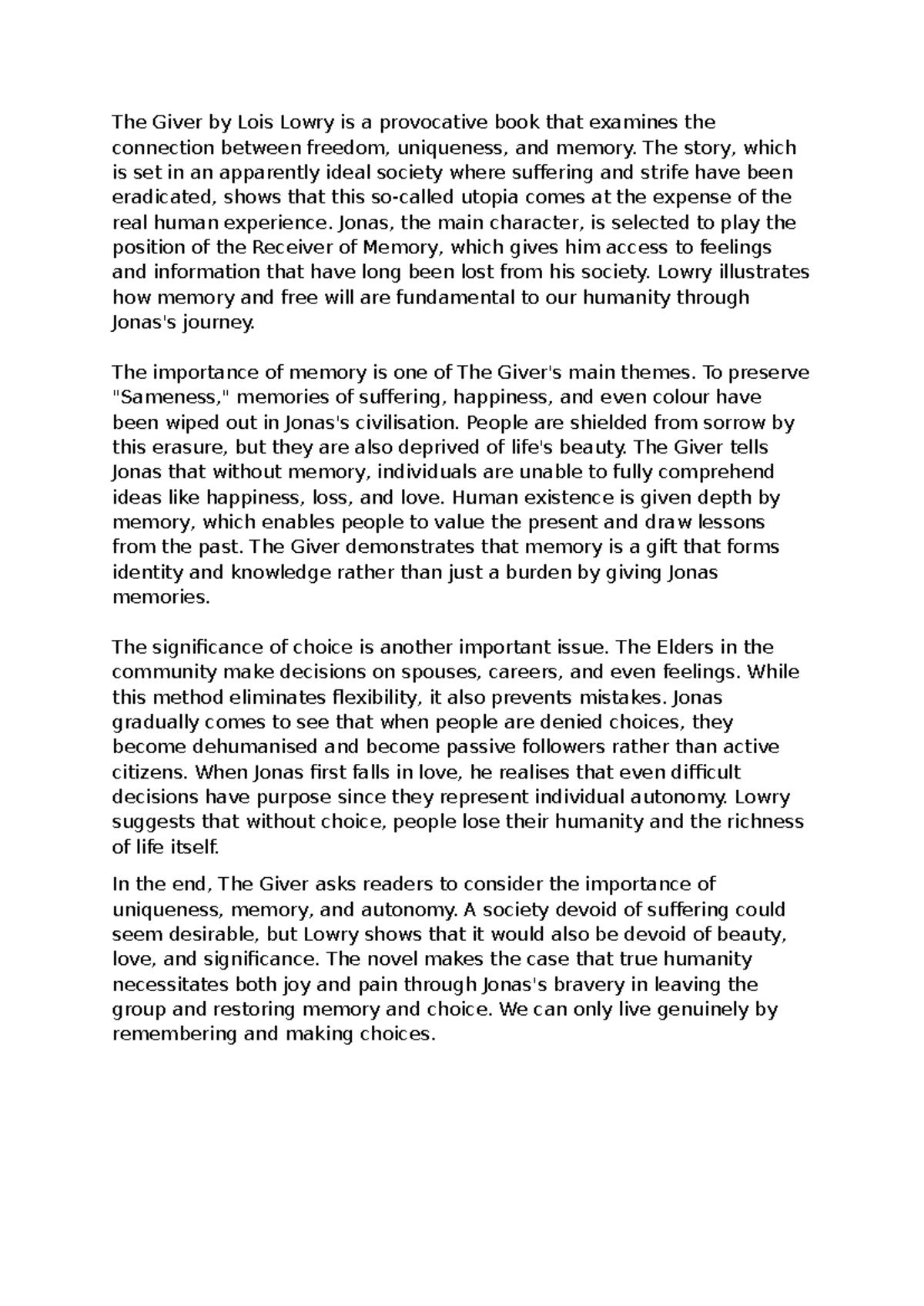 ENG 101: Essay on Themes of Memory and Choice in The Giver - Studocu