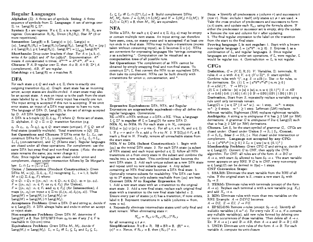 COMP2022 Regular Languages Cheat Sheet - Studocu