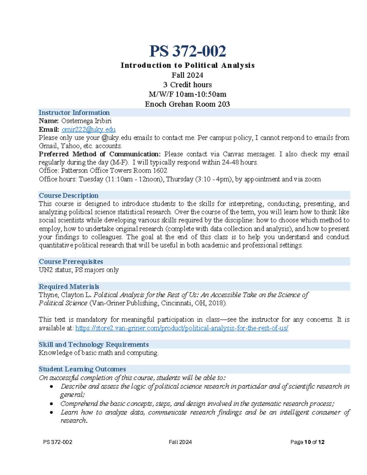 PS 372-002 Fall 2024 - description of course - PS 372 - 002 Fall 2024 ...
