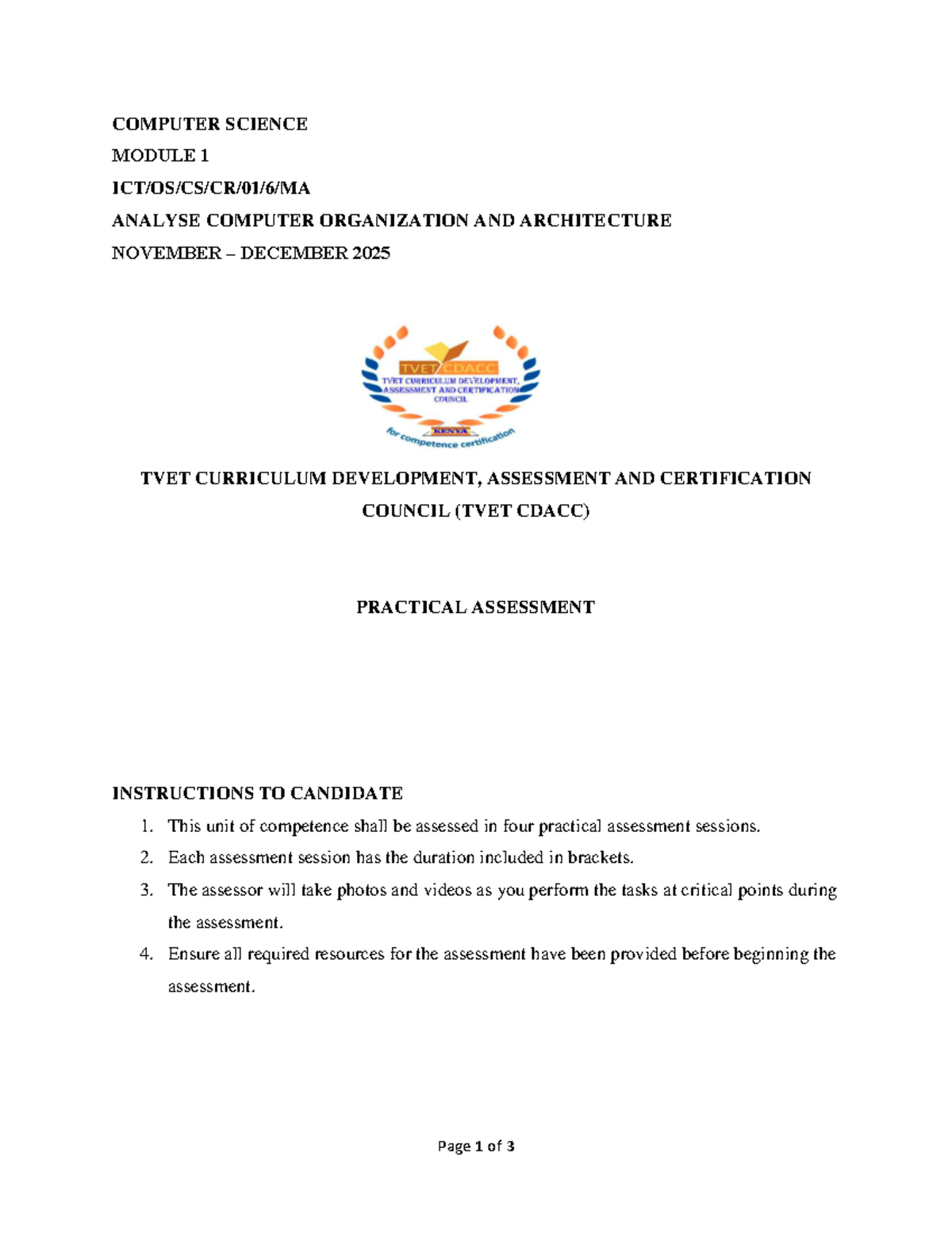 COMP 101: Practical Assessment Instructions for Computer Organization ...