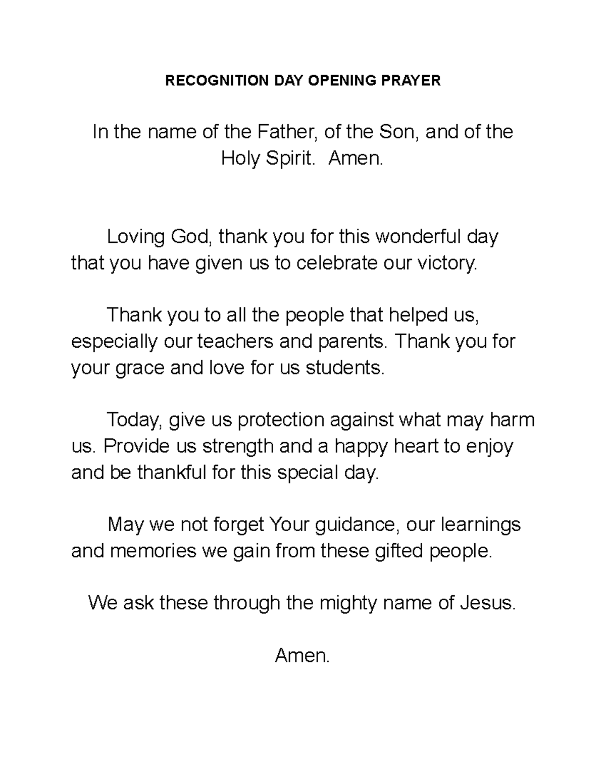 Recognition Day Opening Prayer: A Celebration of Gratitude - Studocu