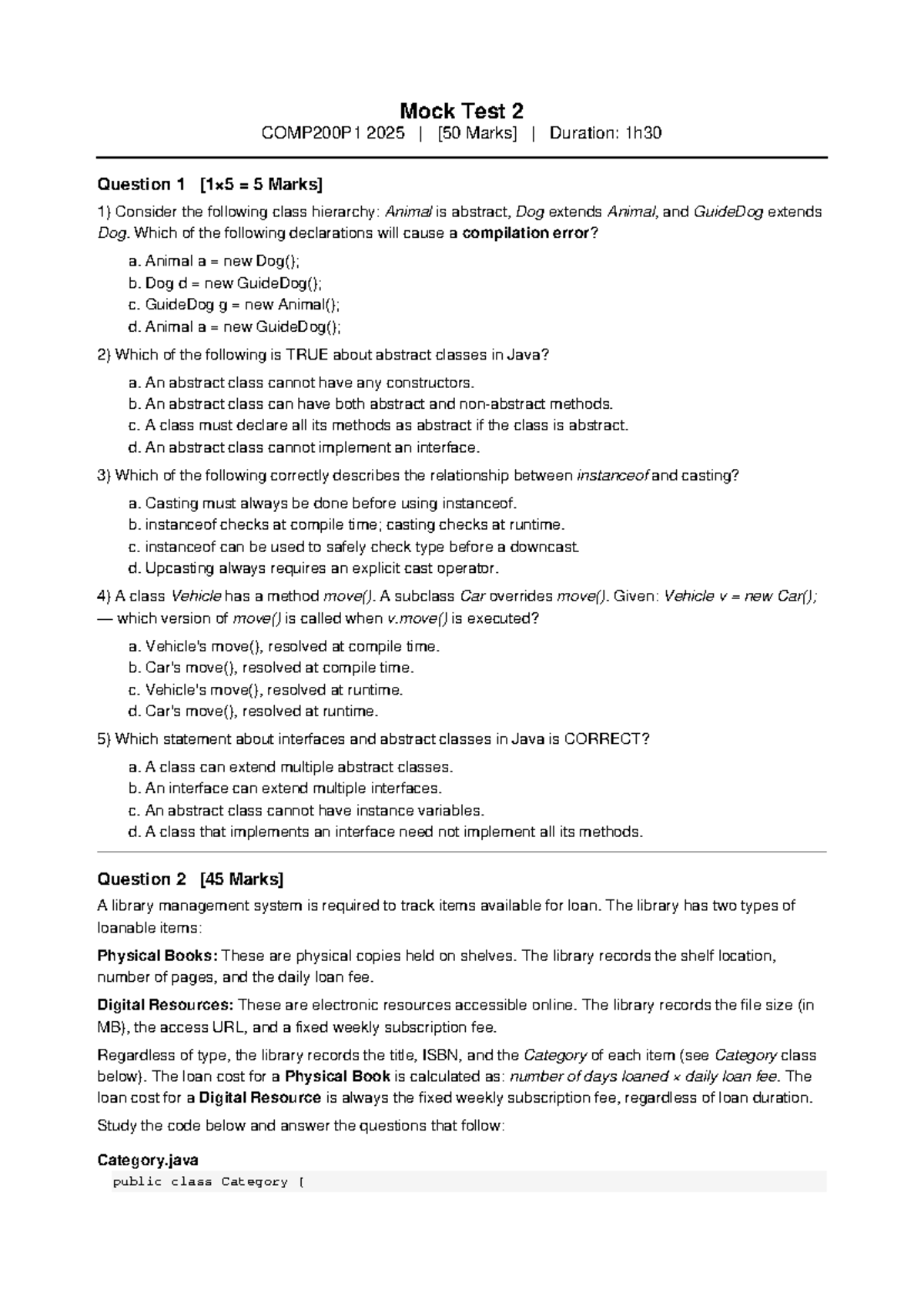 COMP200P1 Mock Test 2 - Java Class Hierarchy & Library System - Studocu