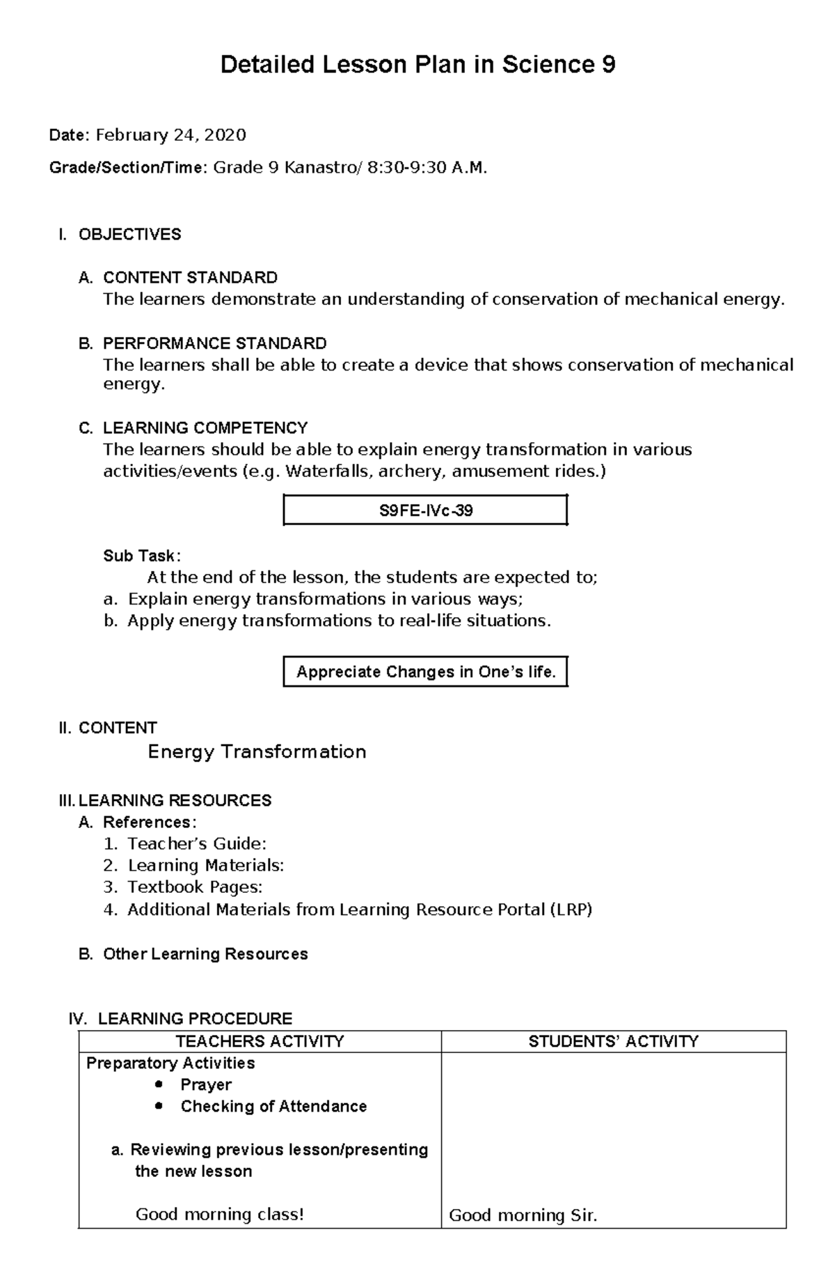 559862744 Detailed Lesson Plan: Energy Transformation in Science 9 ...